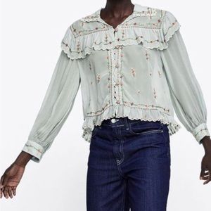 Zara | Tops | Zara Sage Embroidered Ruffle Blouse | Poshmark